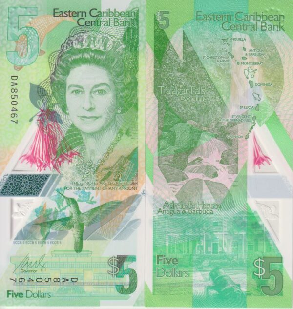 East Caribbean States 5 Dollars 2021 P-56 UNC, Polymer – Henley Numismatics